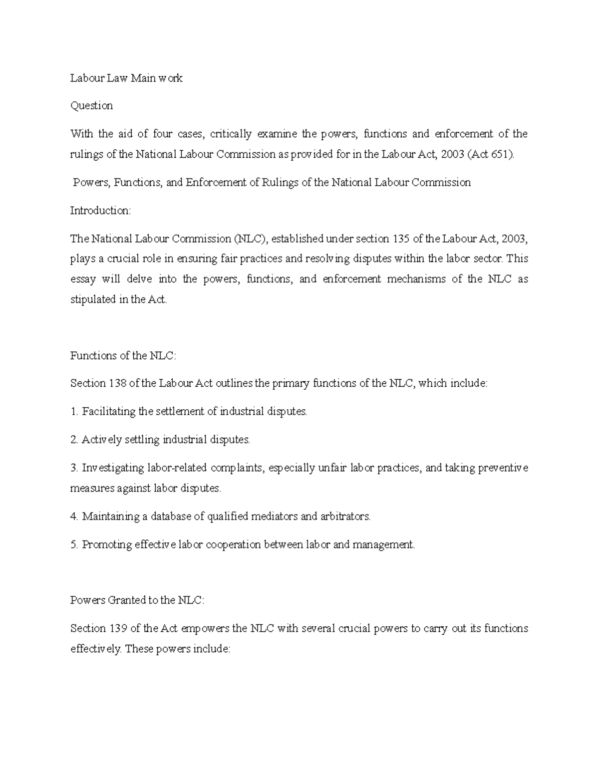 Labour Law Essay Notes: NLC Powers & Functions under Act 651 - Studocu