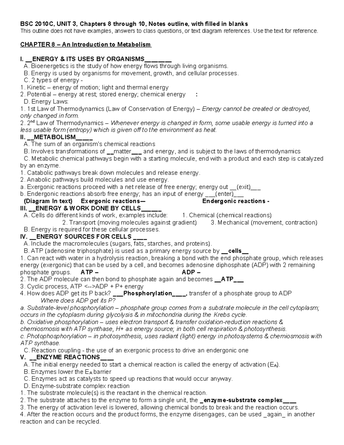 BSC 2010C Unit 3: Comprehensive Notes on Metabolism, Cellular ...