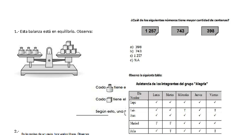 Simulacro - FICHAS - Matemática I - 1.- Esta balanza está en equilibrio ...