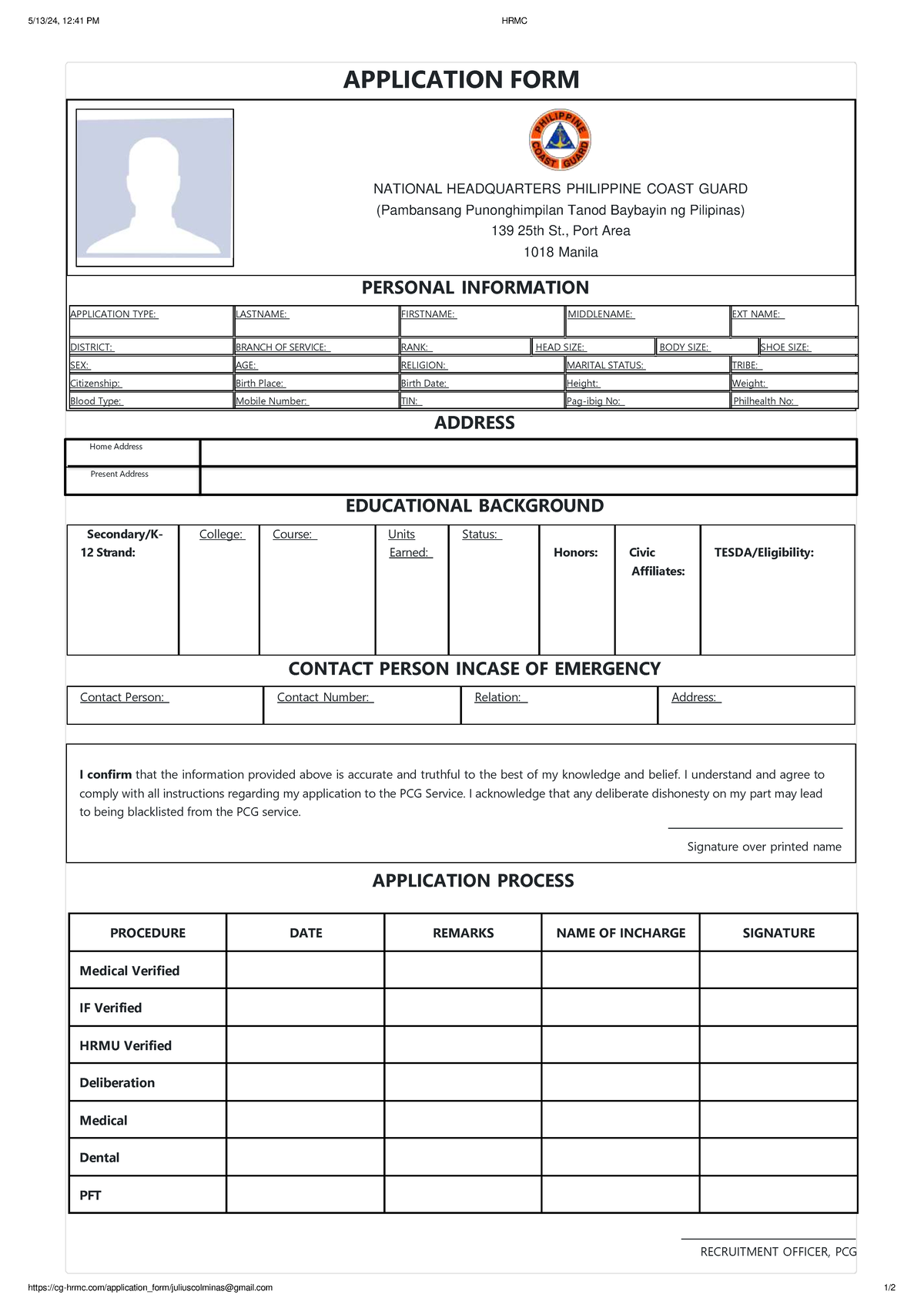 PCG ROAP Application Form - Personal Information & Compliance Details ...