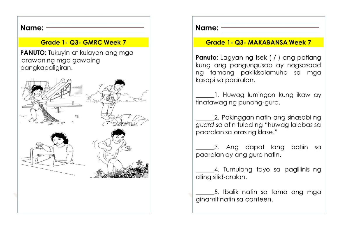 G1-Q3-W7 - GMRC, READING, LANGUAGE & MATH Activity Sheets - Studocu
