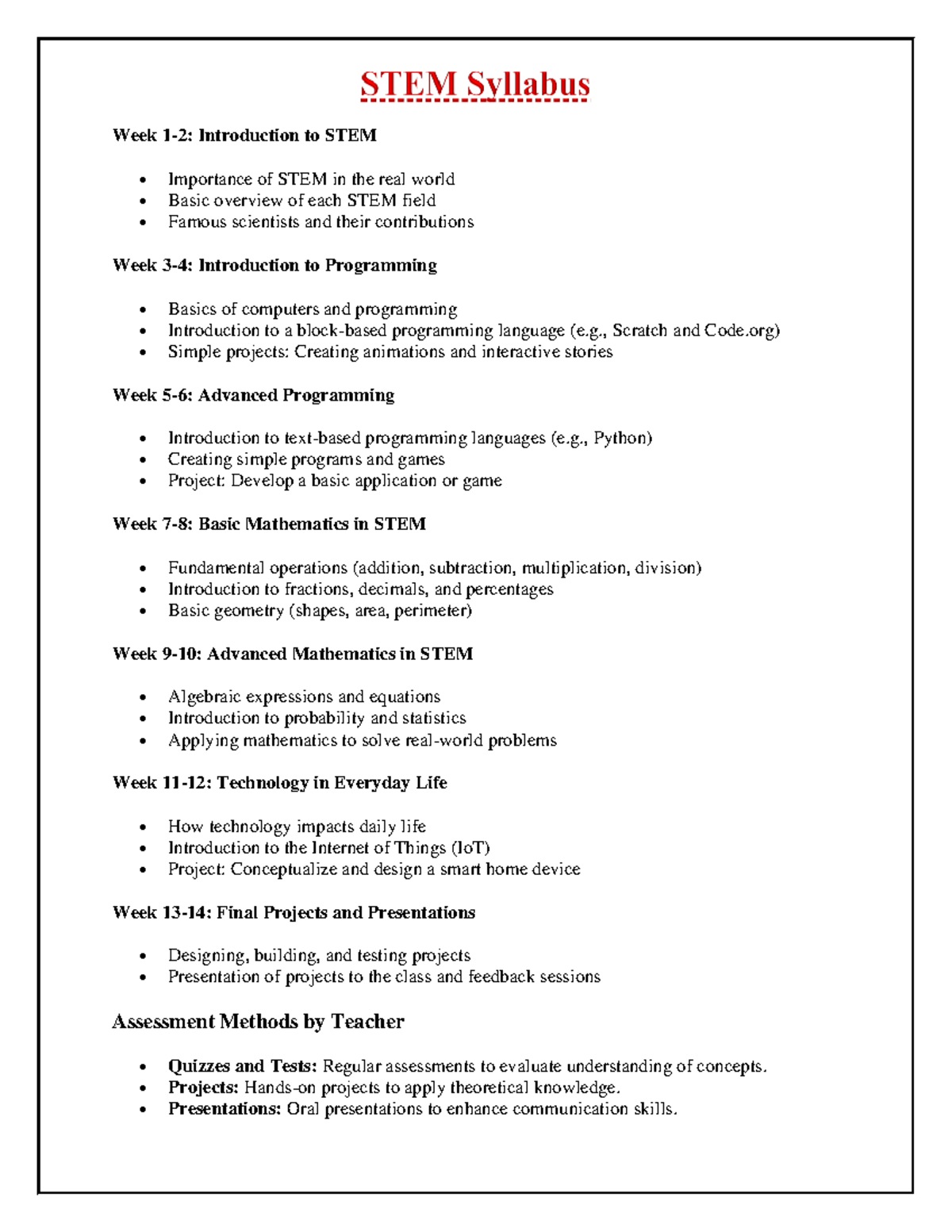 STEM Syllabus - Help - Week 1-2: Introduction to STEM - Importance of ...