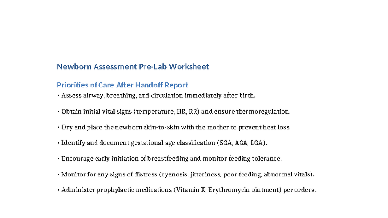Newborn Assessment Pre Lab Worksheet: Priorities of Care - Studocu