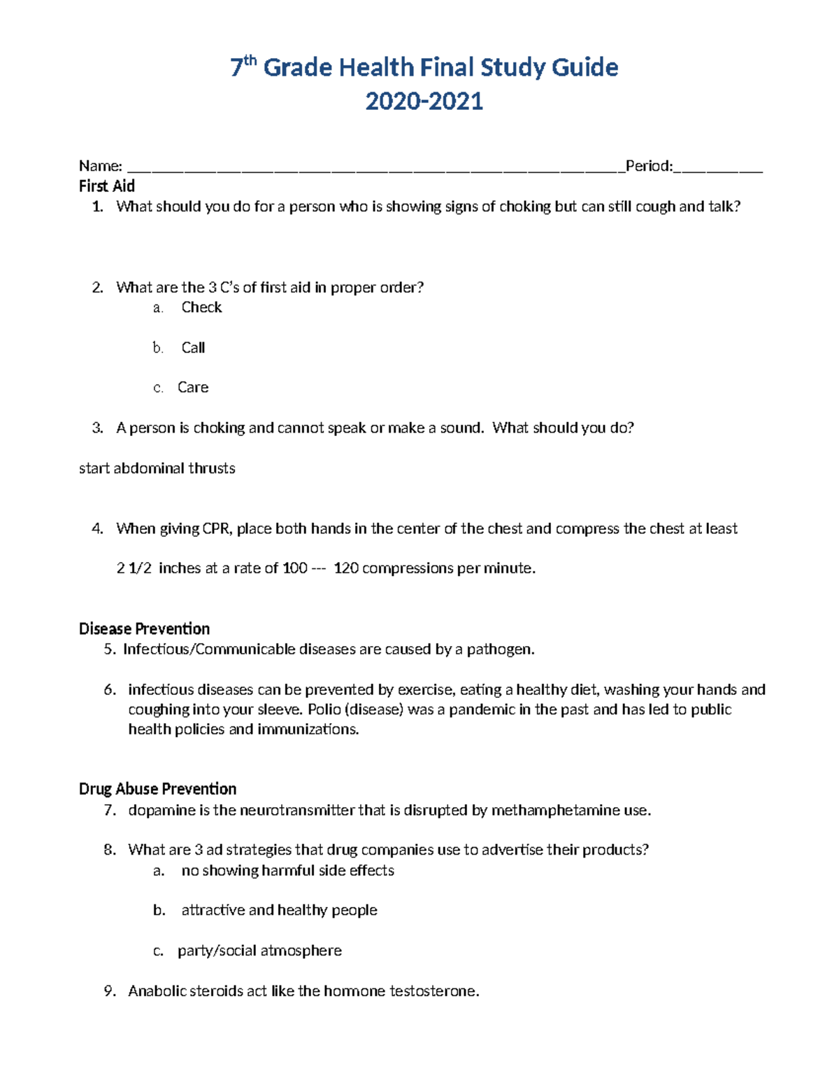 7th Grade Health Final Exam Study Guide - Studocu