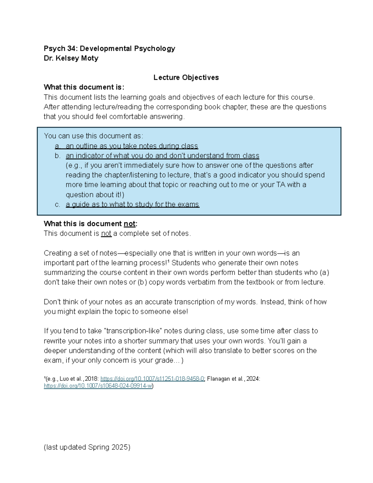 Psych UA 34 Lecture Objectives Study Guide for Developmental Psychology ...