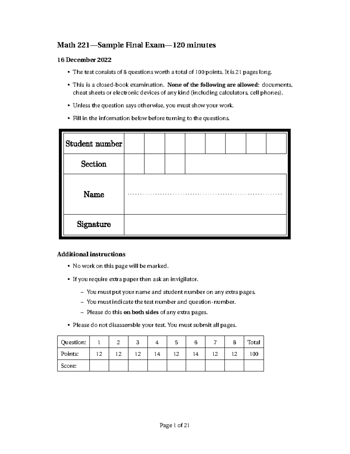 Sample Final 01 - math - Math 221—Sample Final Exam—120 minutes 16 ...