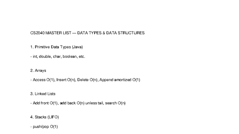 CS2040 Data Structures Overview: Types & Operations - Studocu