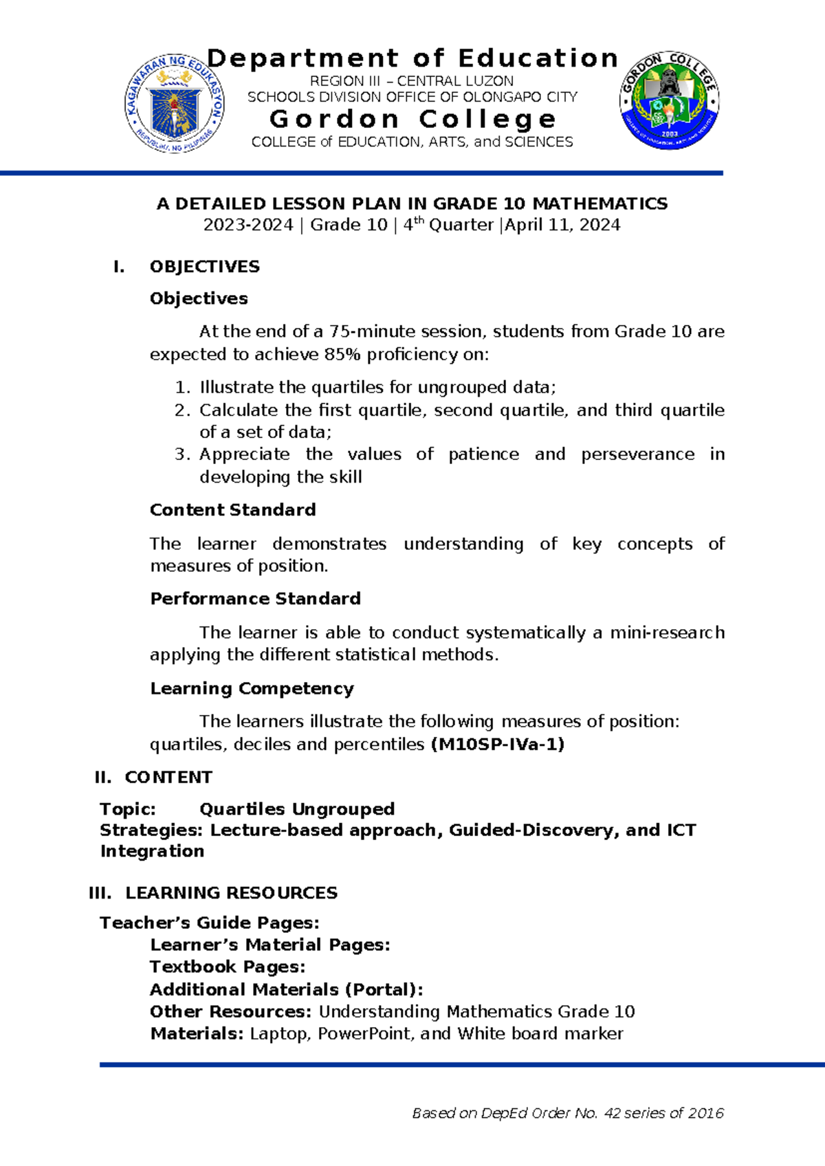 Detailed Lesson Plan: Quartiles for Grade 10 Math (DLP) - Studocu