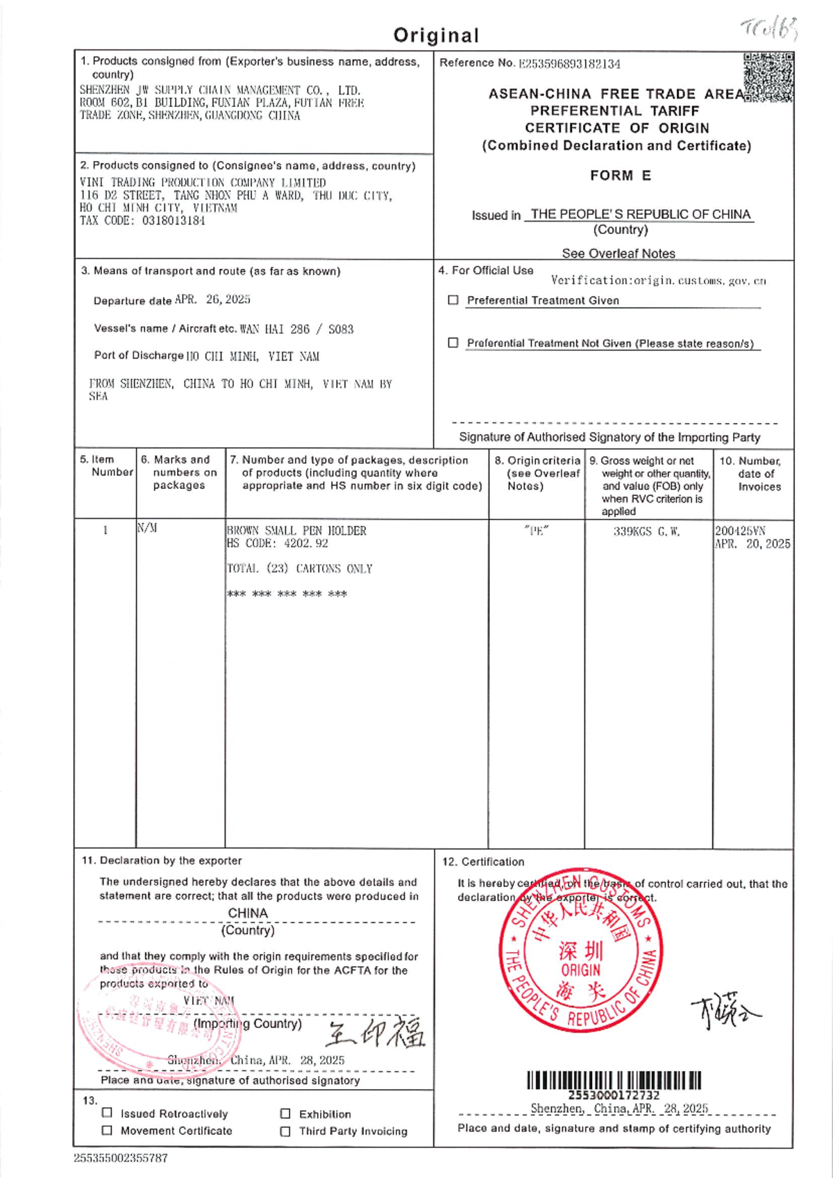 Preferential Tariff Certificate of Origin - FORM E E253596893 - Studocu