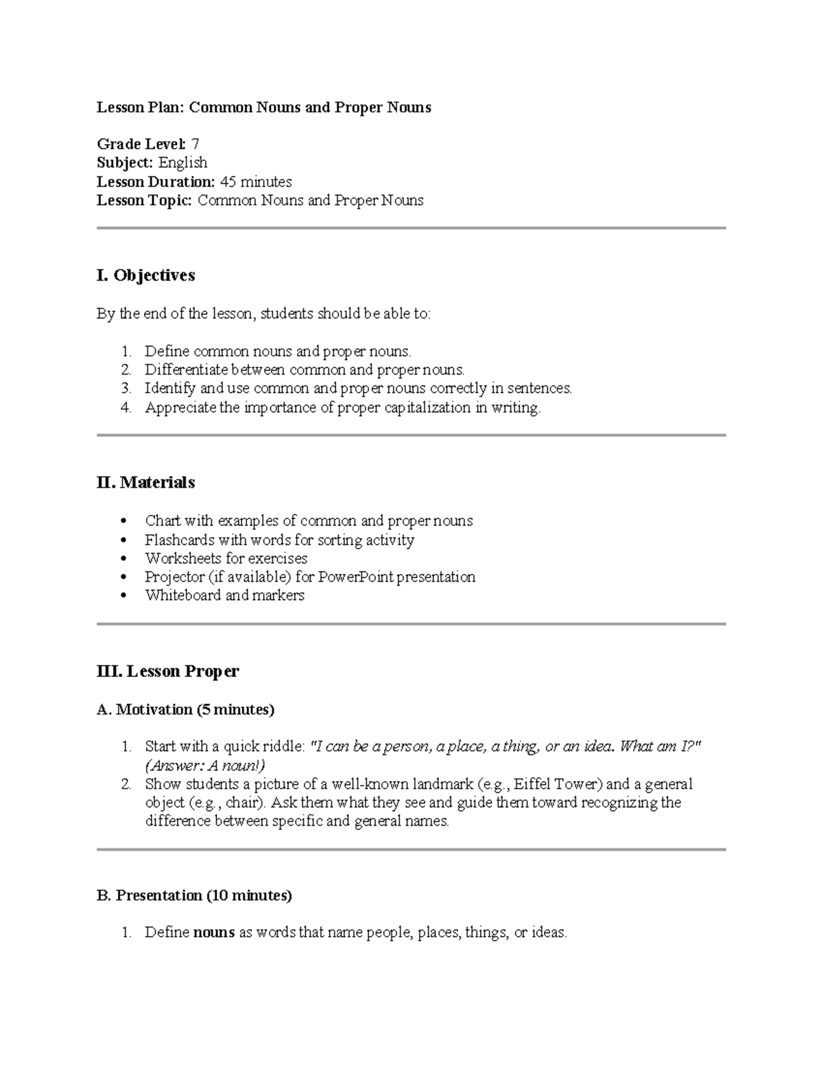 Lesson Plan: Common Nouns and Proper Nouns for 7th Grade English - Studocu