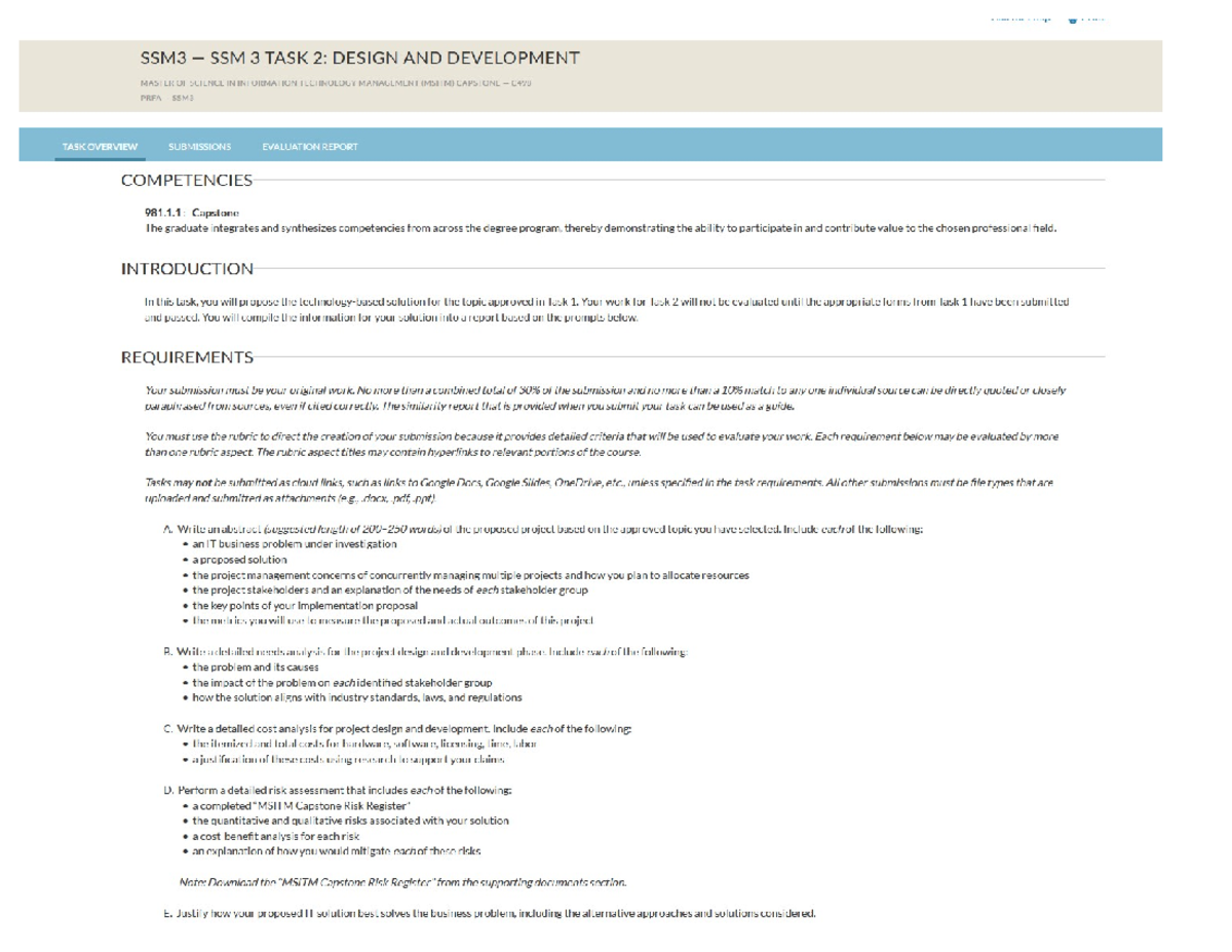 C498 Task 2: Design and Development Report for MSITM Capstone - Studocu