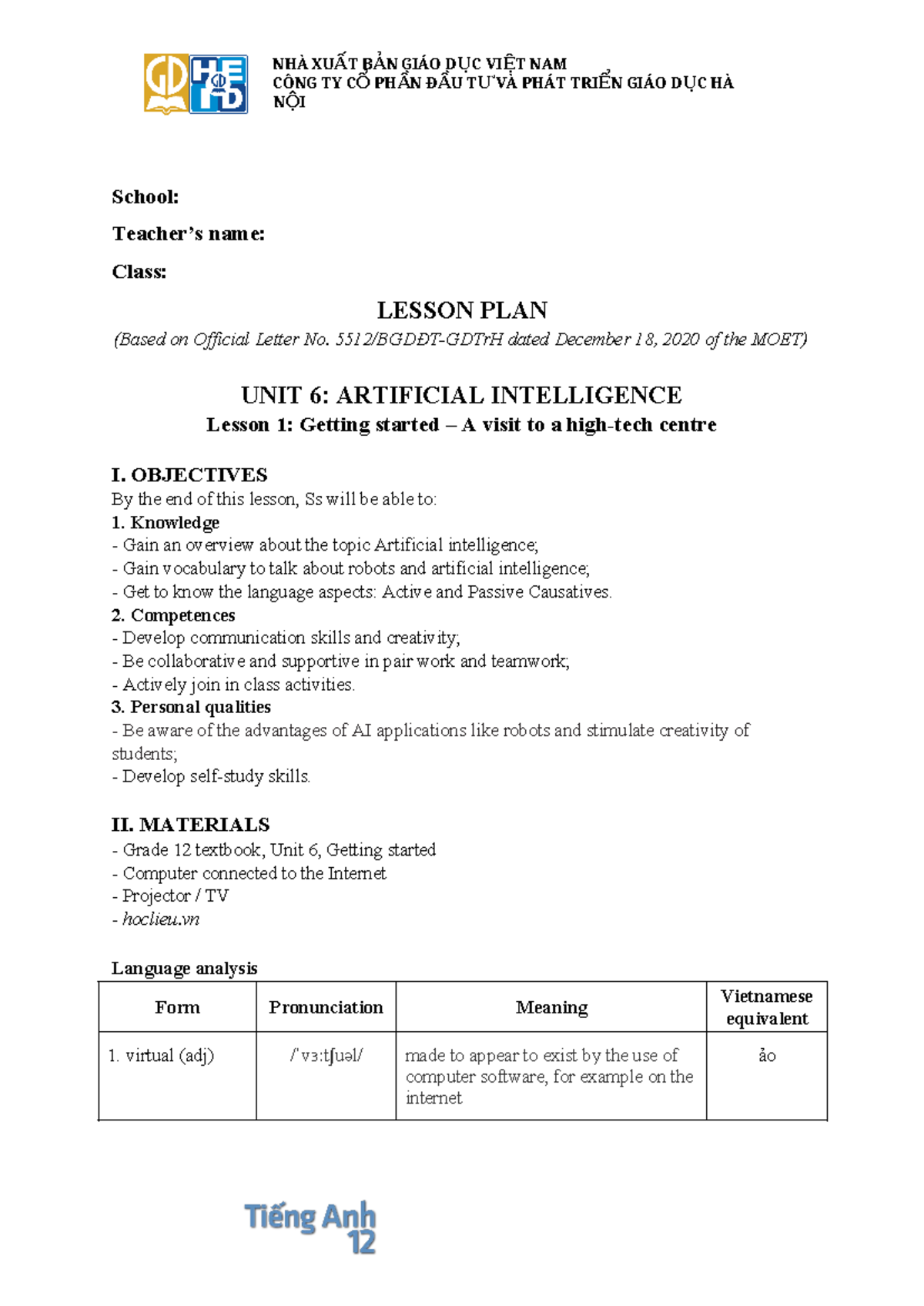 Unit 6: Artificial Intelligence - Lesson Plan & Activities for Grade 12 ...