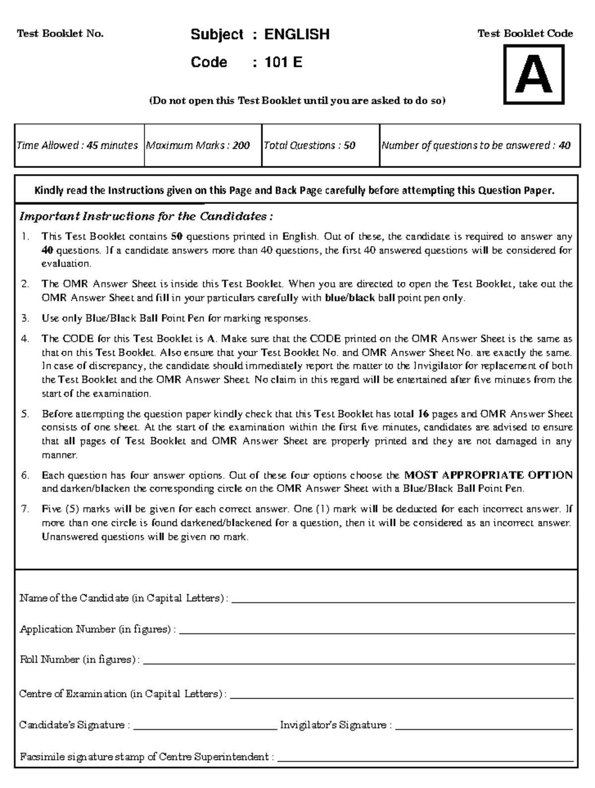 CUET UG 2024: English Question Paper 101 E - Test Booklet A - Studocu
