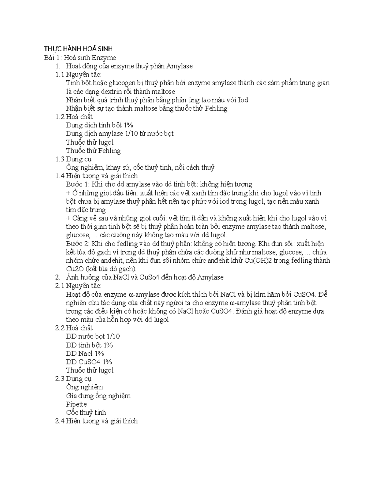 THỰC-HÀNH-HOÁ-SINH - THỰC HÀNH HOÁ SINH Bài 1: Hoá sinh Enzyme 1. Hoạt ...