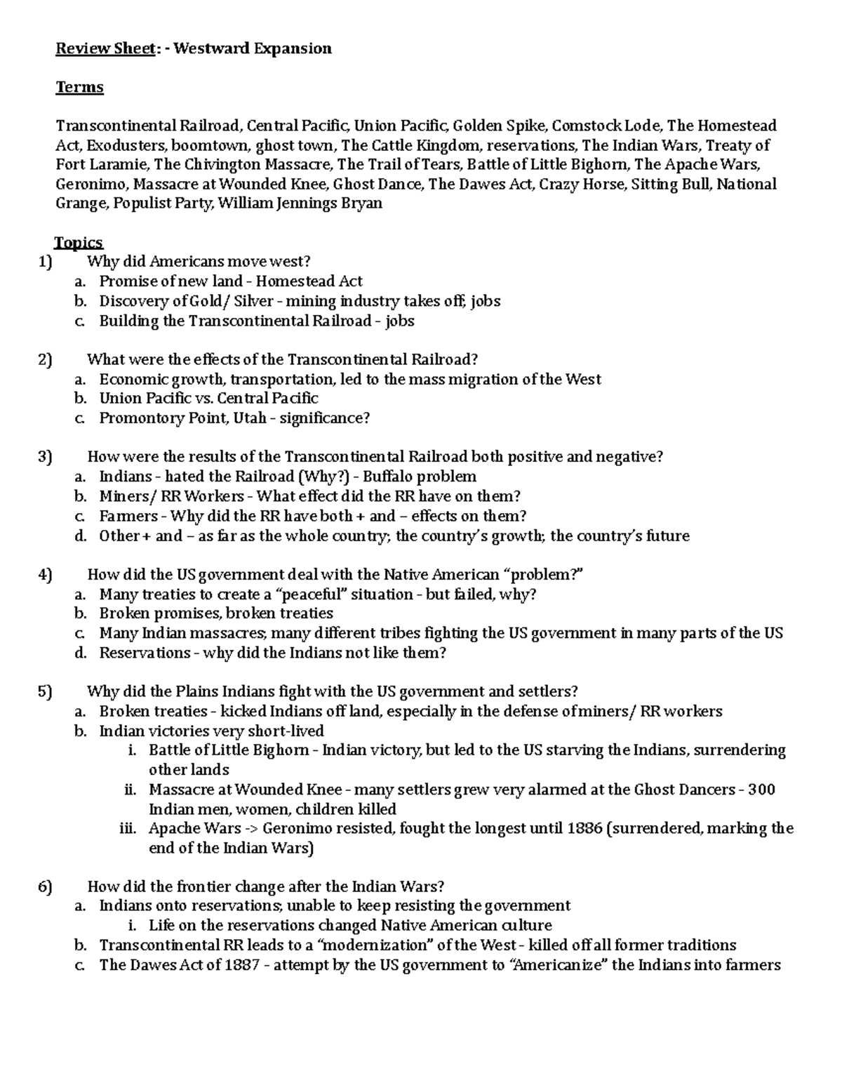 Westward Expansion Review Sheet - Key Terms & Effects of Indian Wars ...