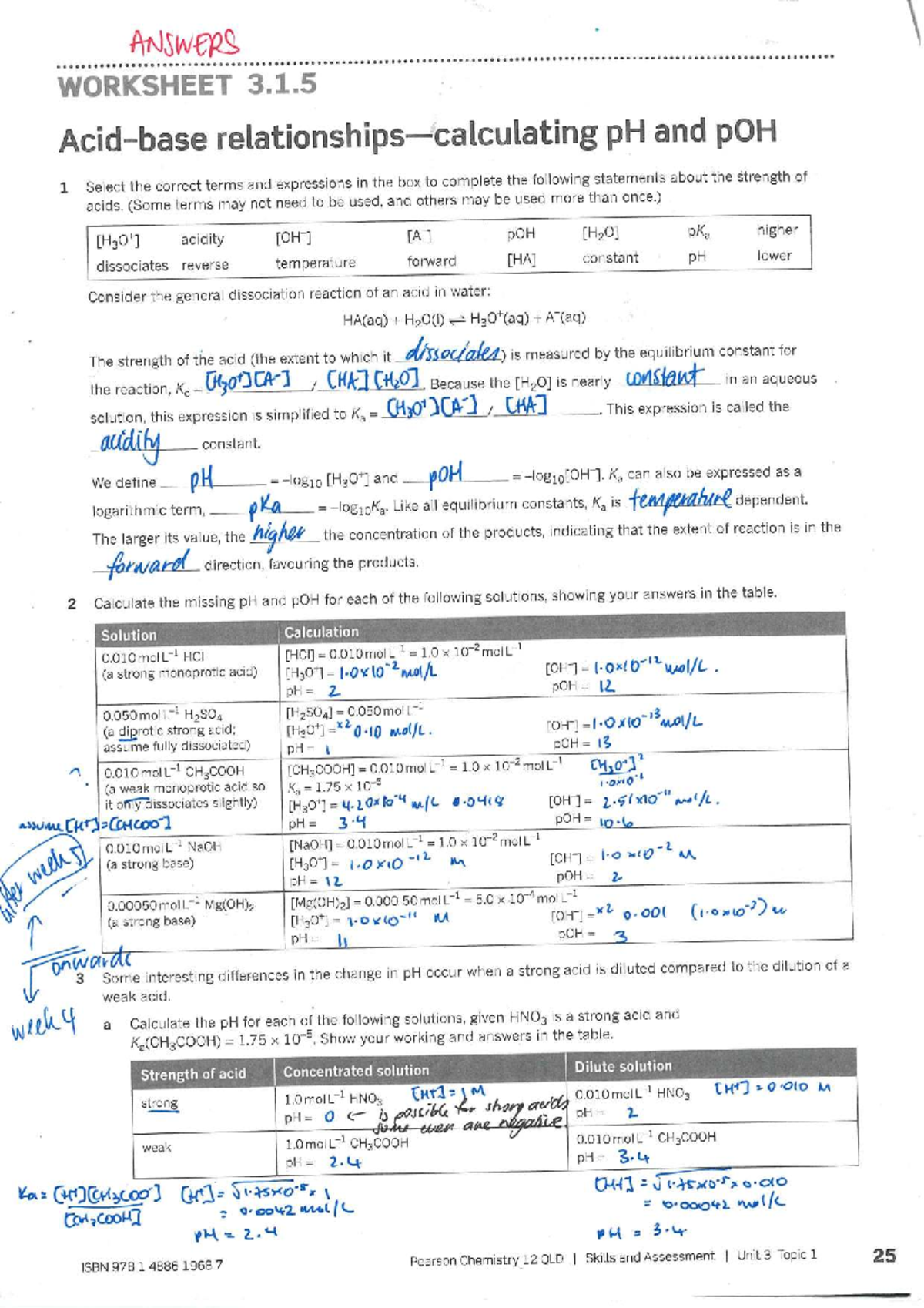 S&A Worksheet 3.1.5: pH and pOH Calculations and Answers - Studocu