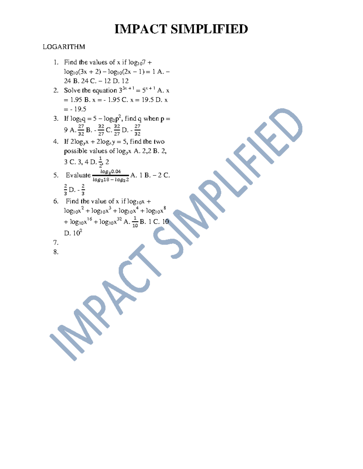 Logarithm Lecture Notes - Course Code: IMPACT - Studocu