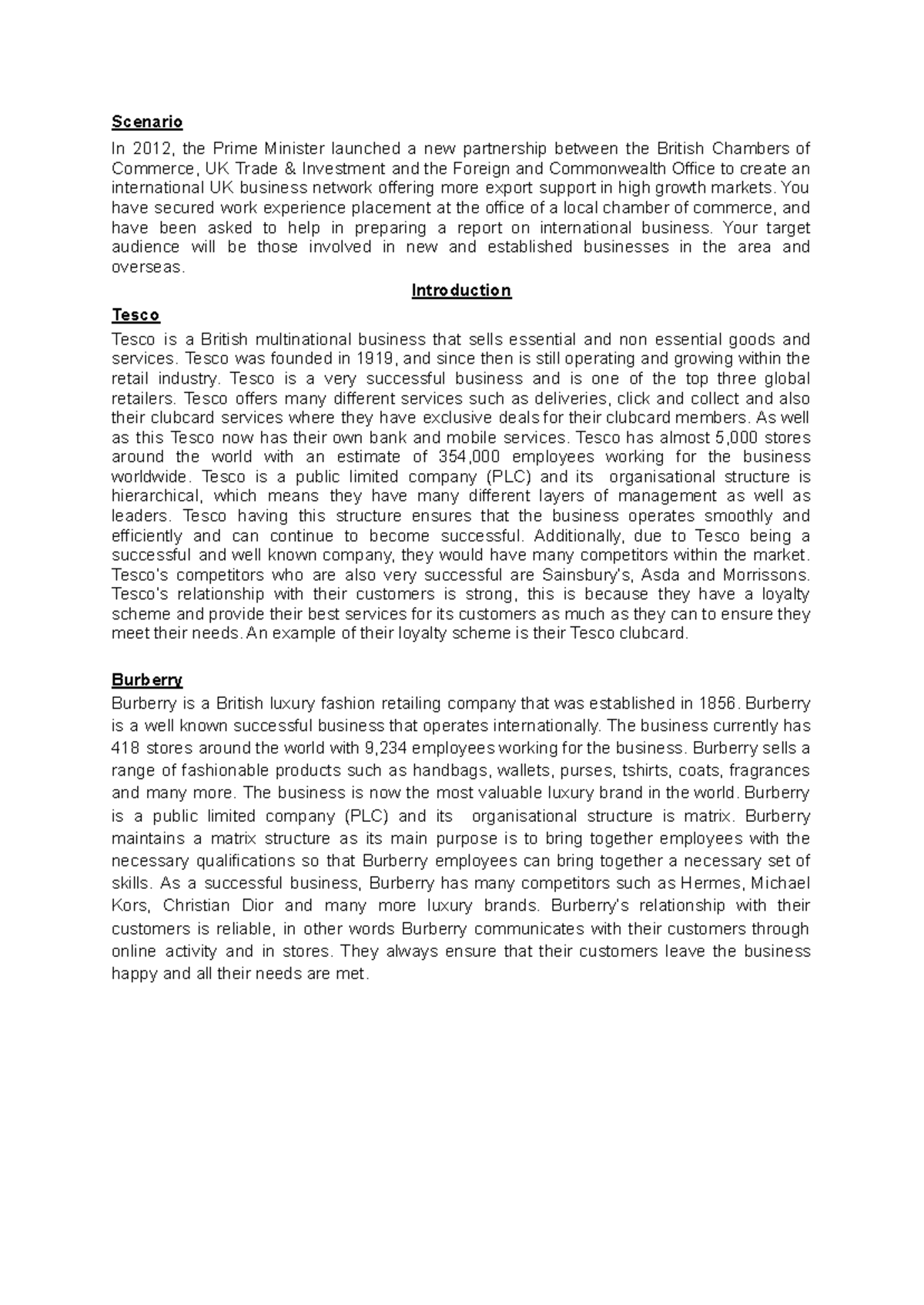 P1 Explain Why Two Businesses Operate In Contrasting International Markets Scenario In 2012