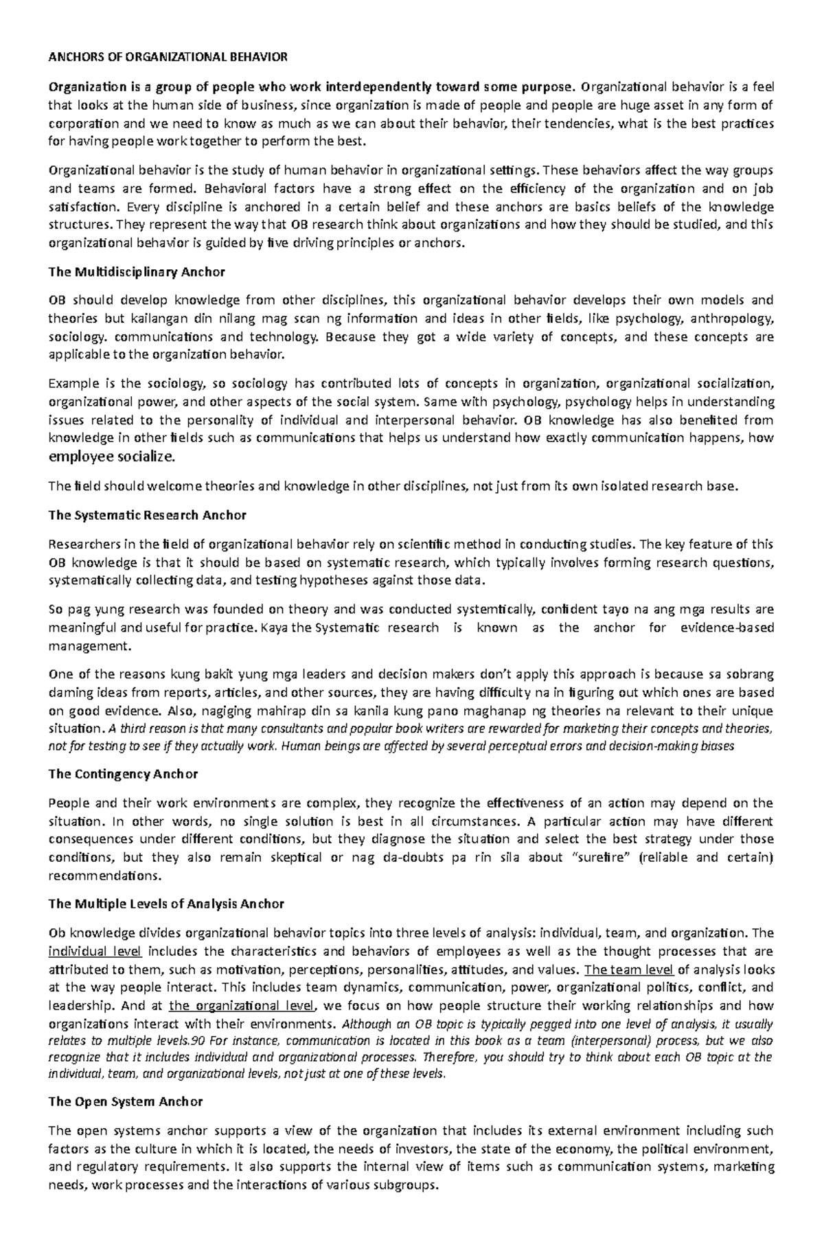 Anchors OF Organizational Behavior - ANCHORS OF ORGANIZATIONAL BEHAVIOR ...