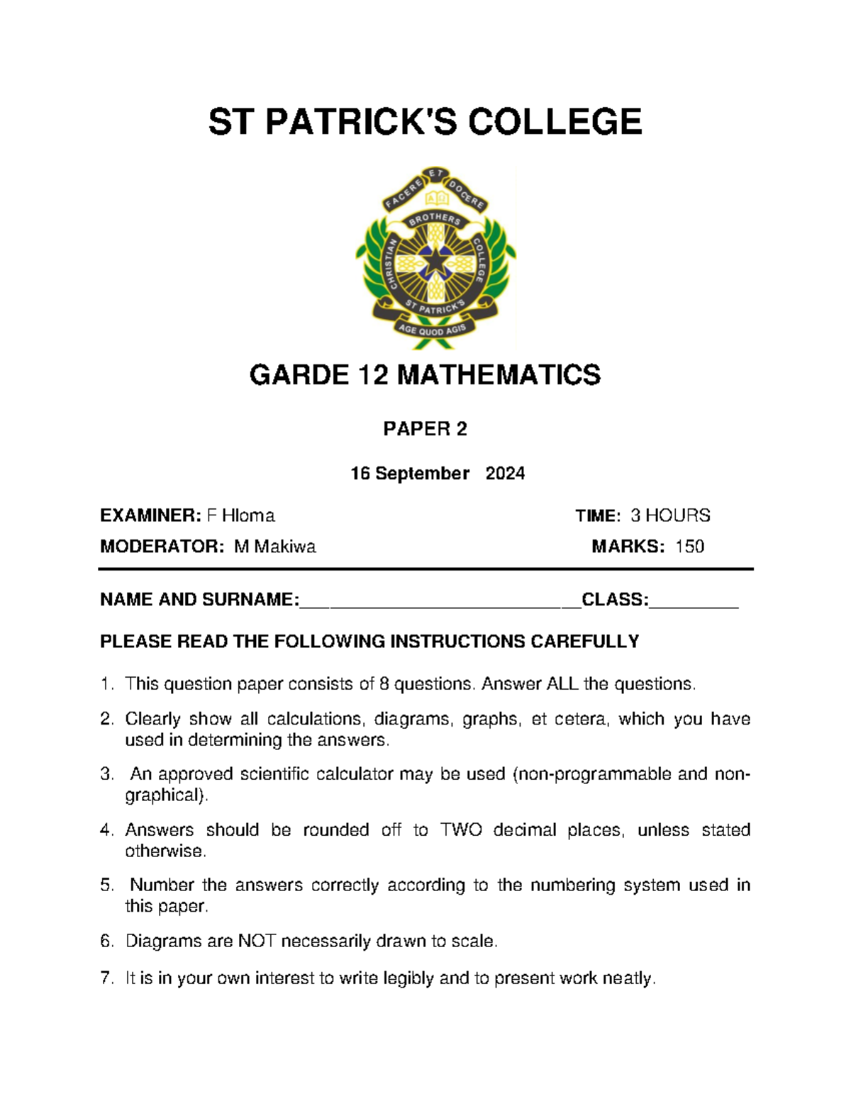 Grade 12 Mathematics Paper 2 Preliminary Exam 2024 - Studocu