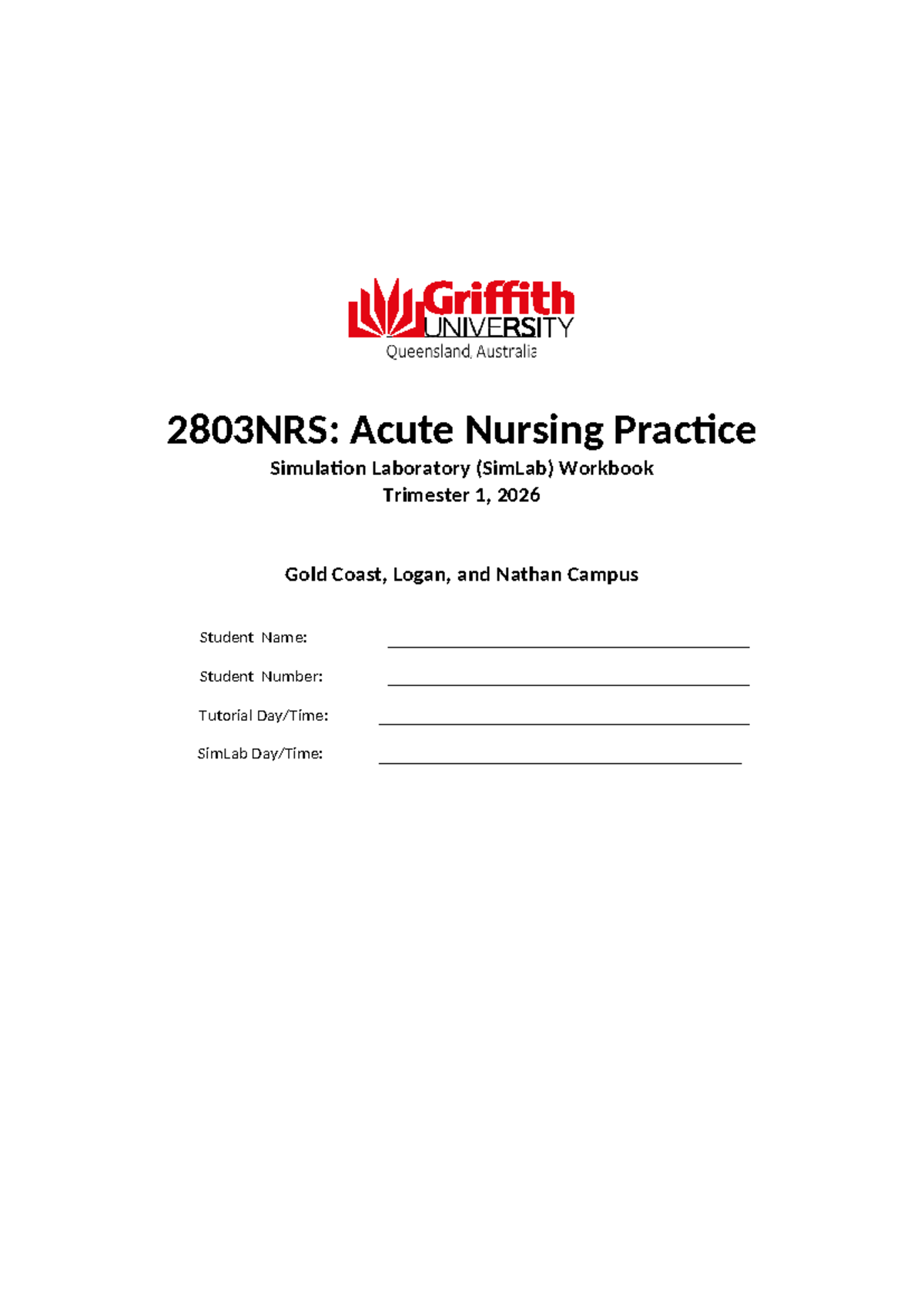 2803NRS: Acute Nursing Practice SimLab Workbook 2026 - Week 1 ...