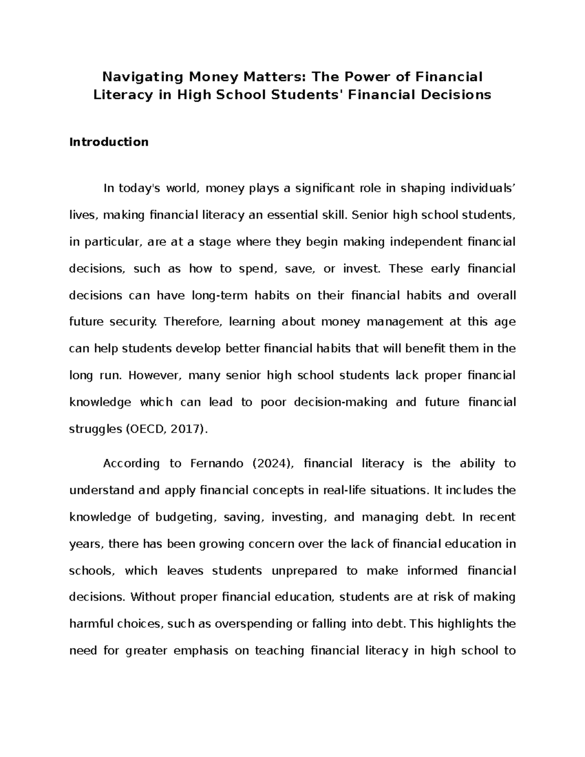 Financial Literacy Impact on Senior High School Students: A Study - Studocu