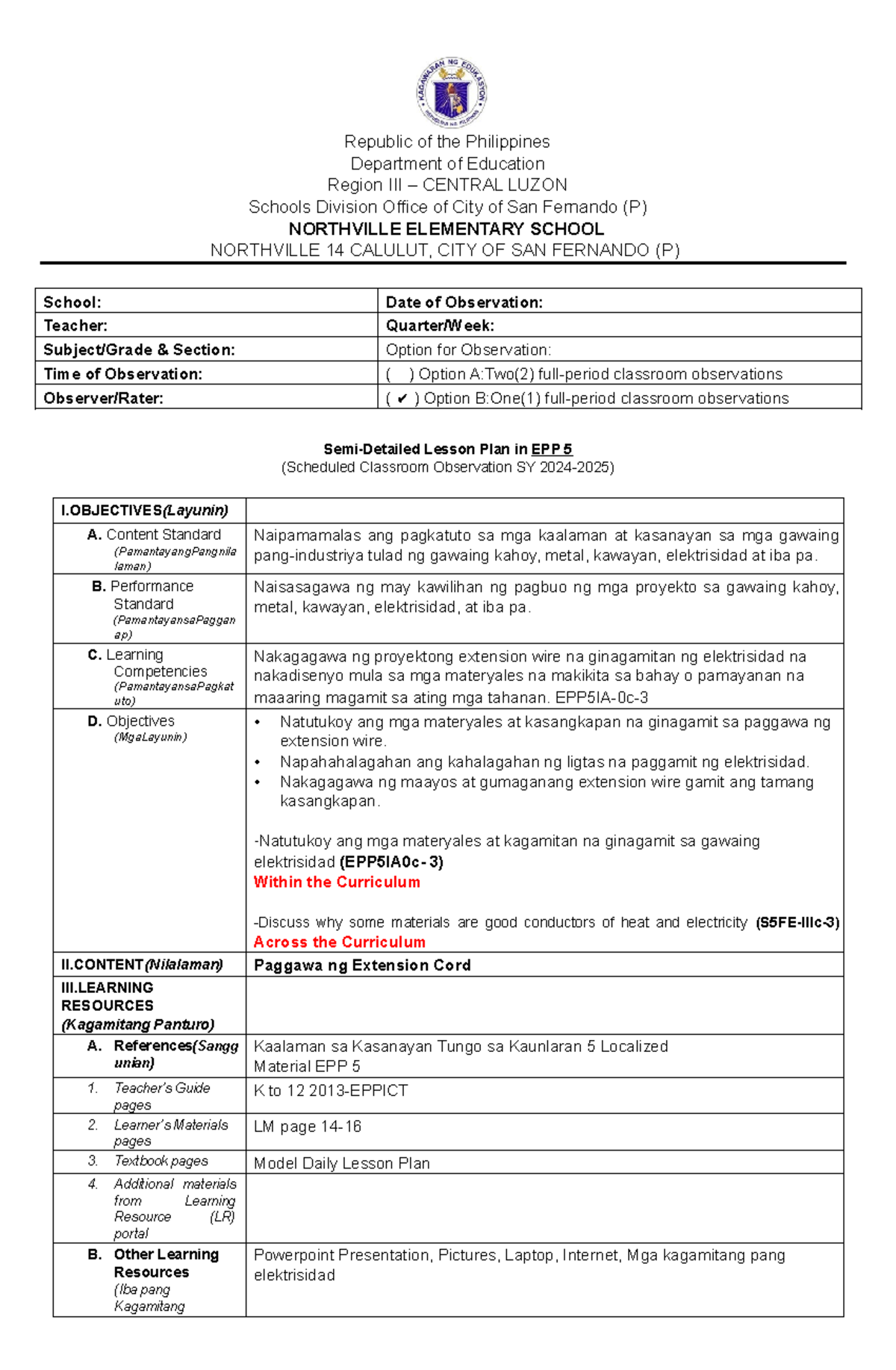 COT DLP EPP 5: Lesson Plan for Extension Cord Project - Studocu