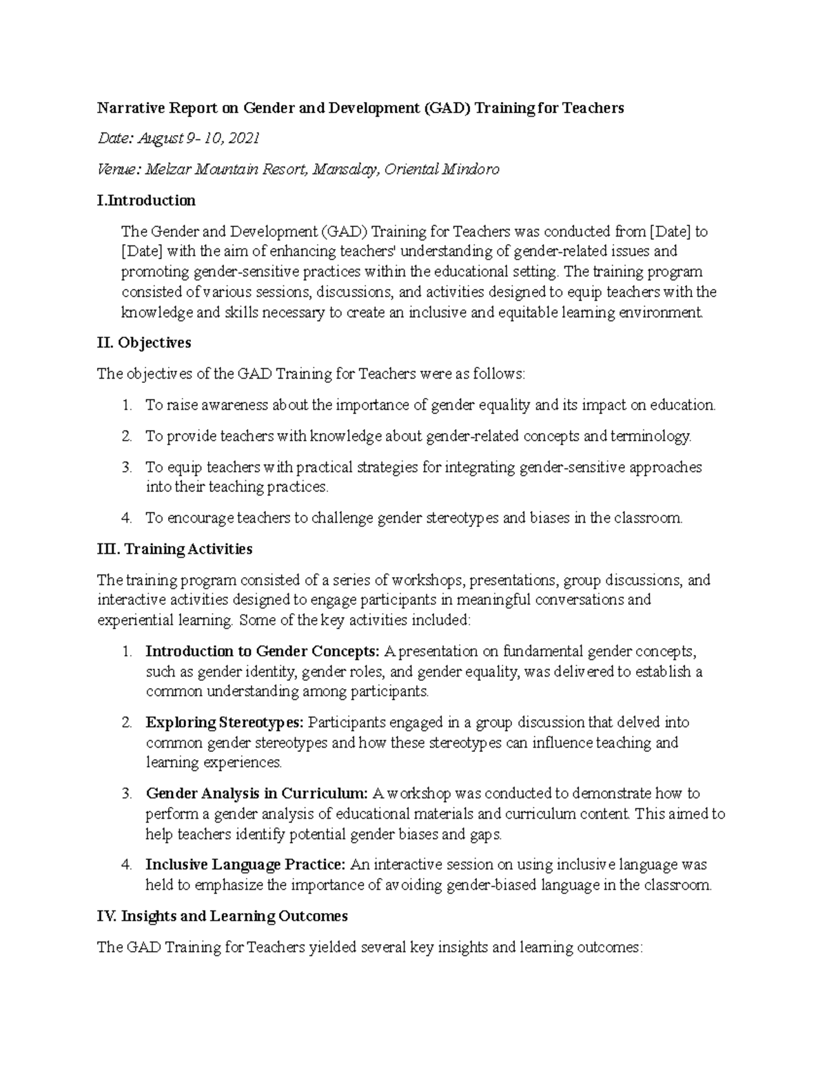 GAD Training for Teachers: Narrative Report 2021-2023 - Studocu