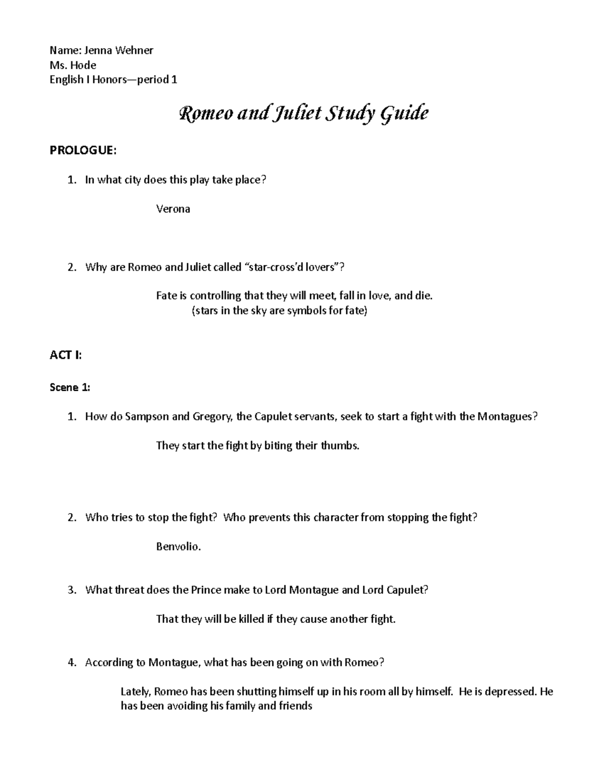 Romeo and Juliet Study Guide- Honors - Name: Jenna Wehner Ms. Hode ...