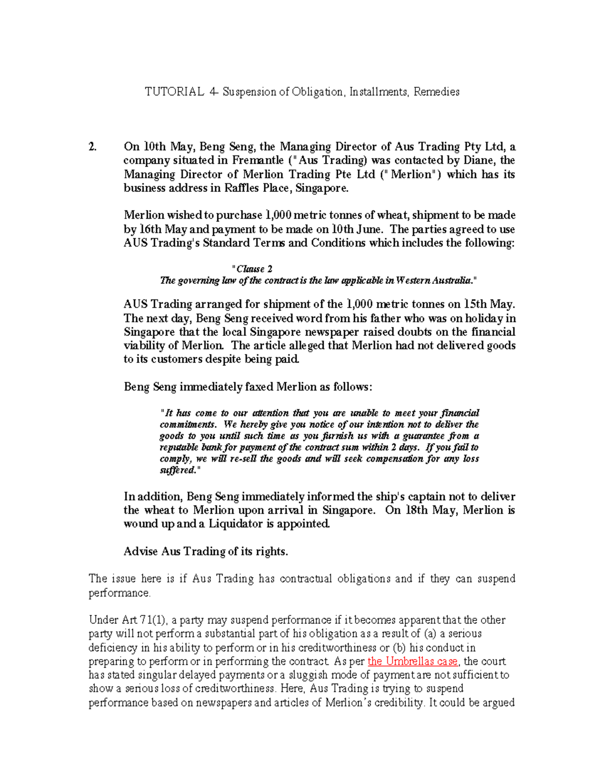 Int Comm Law Tut 4 - Suspension of Obligation & Remedies Analysis - Studocu