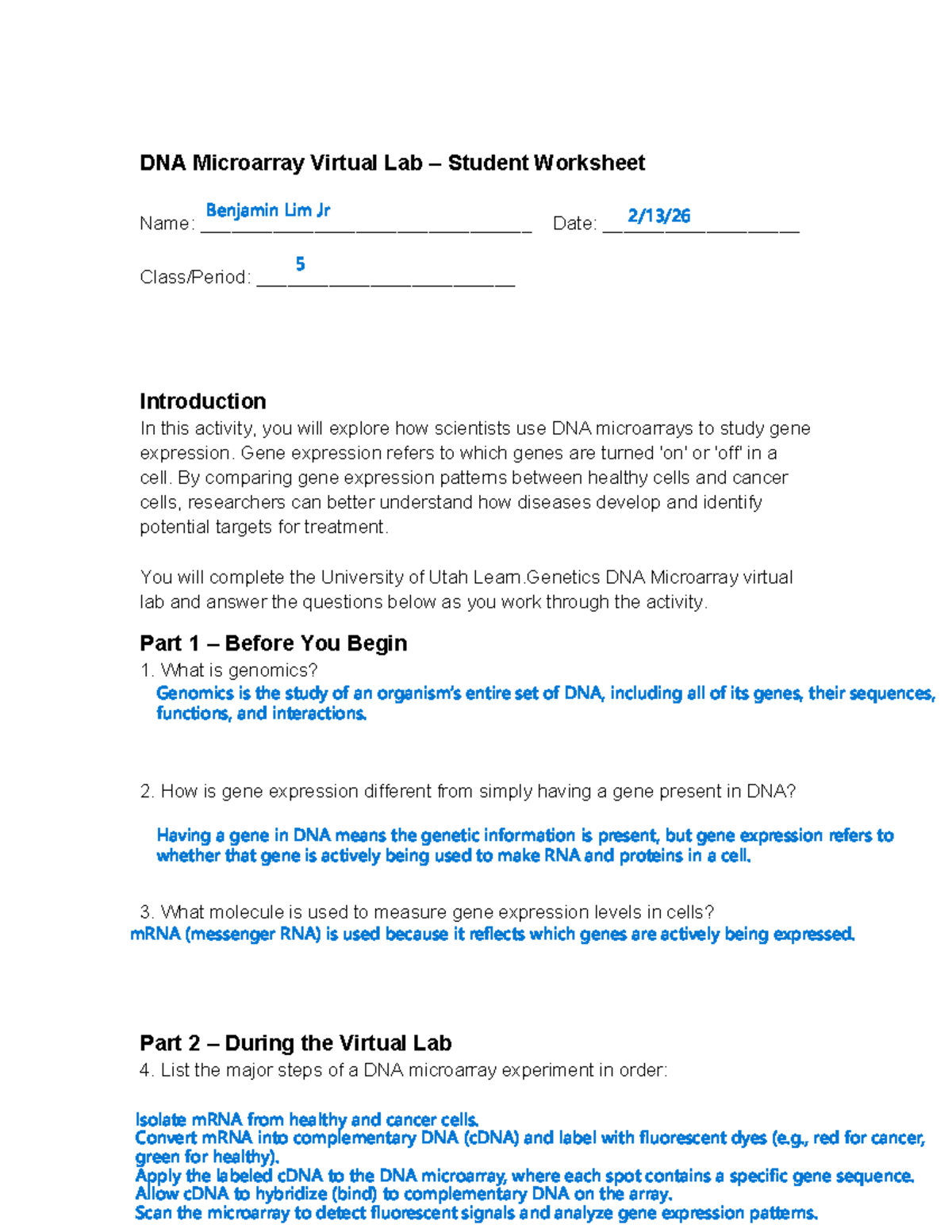 DNA Microarray Virtual Lab Worksheet (BIO 101) - Studocu