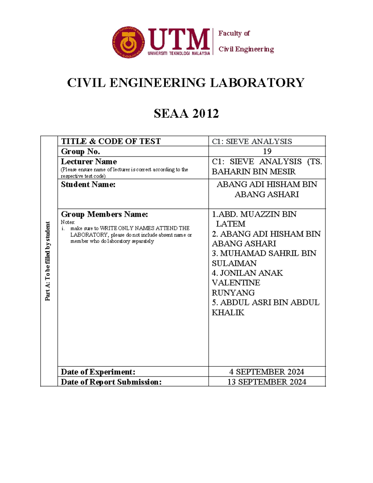 C1 - Civil Engineering Lab Report: Sieve Analysis Test - Studocu
