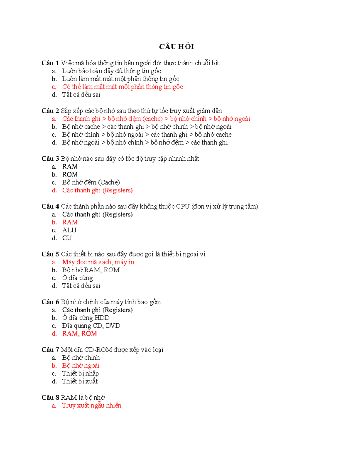 50 Câu Hỏi Ôn Tập Môn Tin Học - Mã Hóa Thông Tin - Studocu