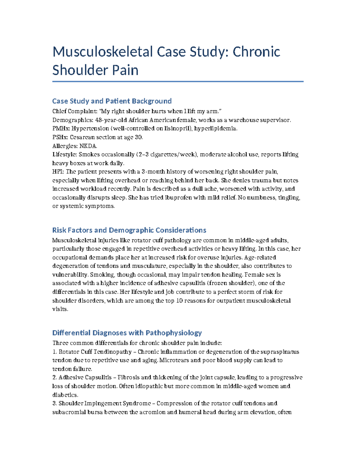 Musculoskeletal Case Study: Chronic Shoulder Pain Analysis - Studocu