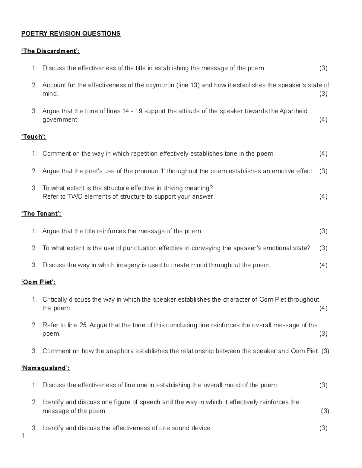 Prelim Revision Questions for Poetry Analysis (ENG101) - Studocu