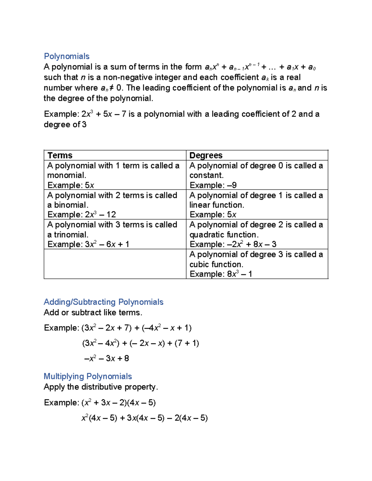 Polynomial Review: Key Concepts and Examples in Polynomials - Studocu