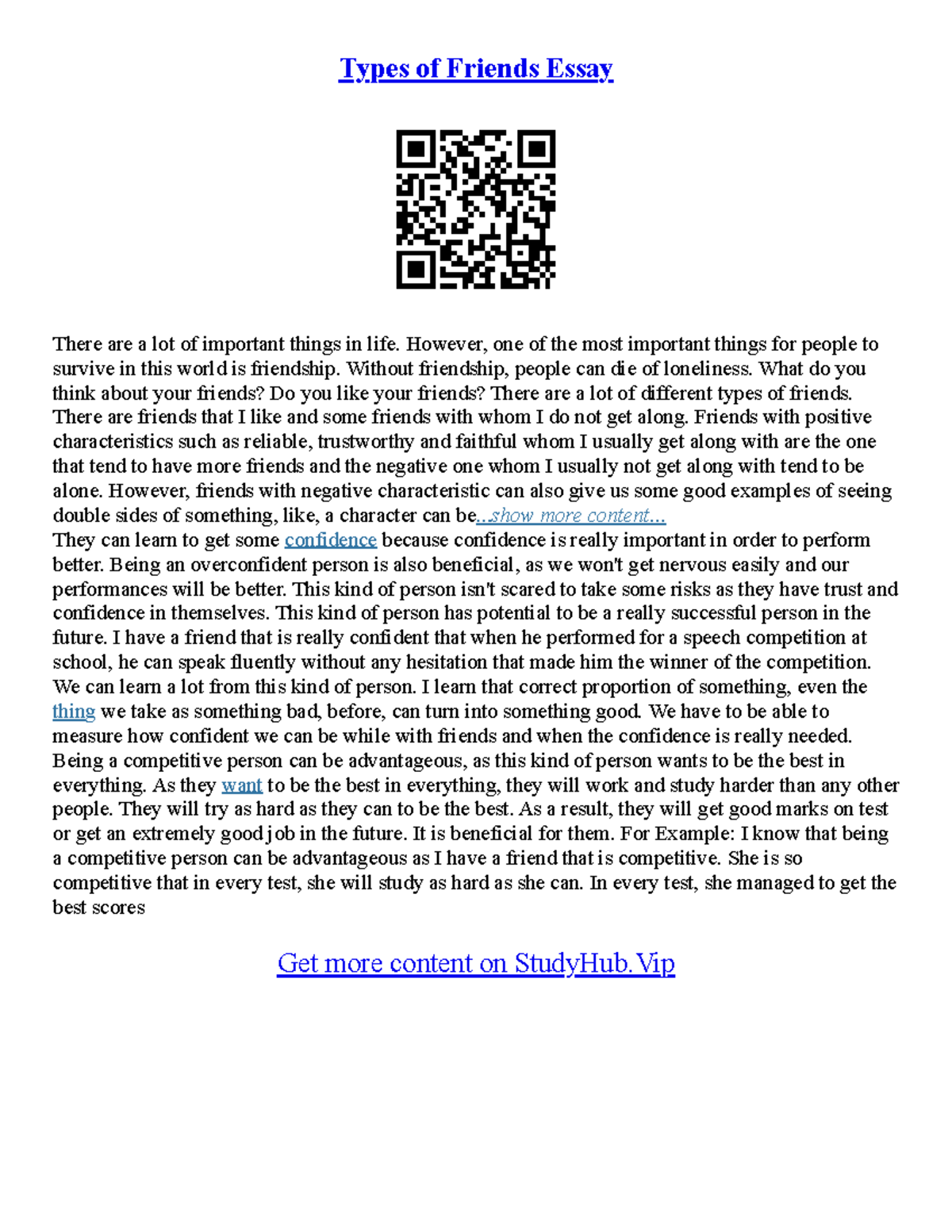 Classification Essay on Types of Friends - Studocu