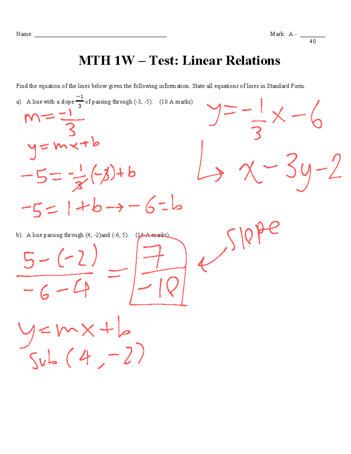 MTH 1W Linear Relation 2 copy - Name: _______________ Mark: A ...