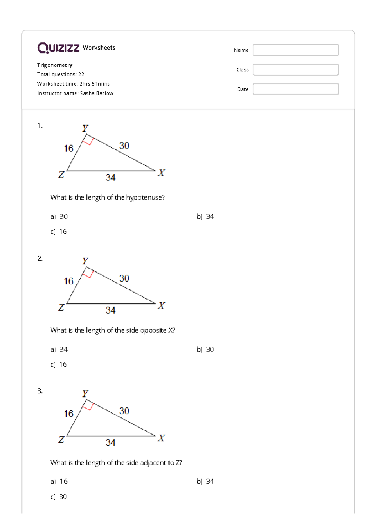 Quizizz - Trigonometry Worksheet (22 Questions) - Studocu