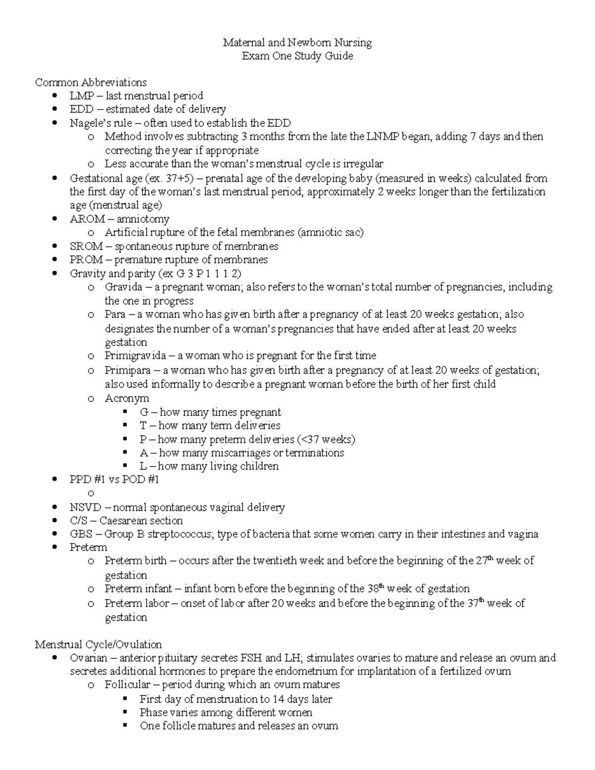 Maternal Nursing 101: Exam 1 Study Guide for Maternity Exam - Studocu