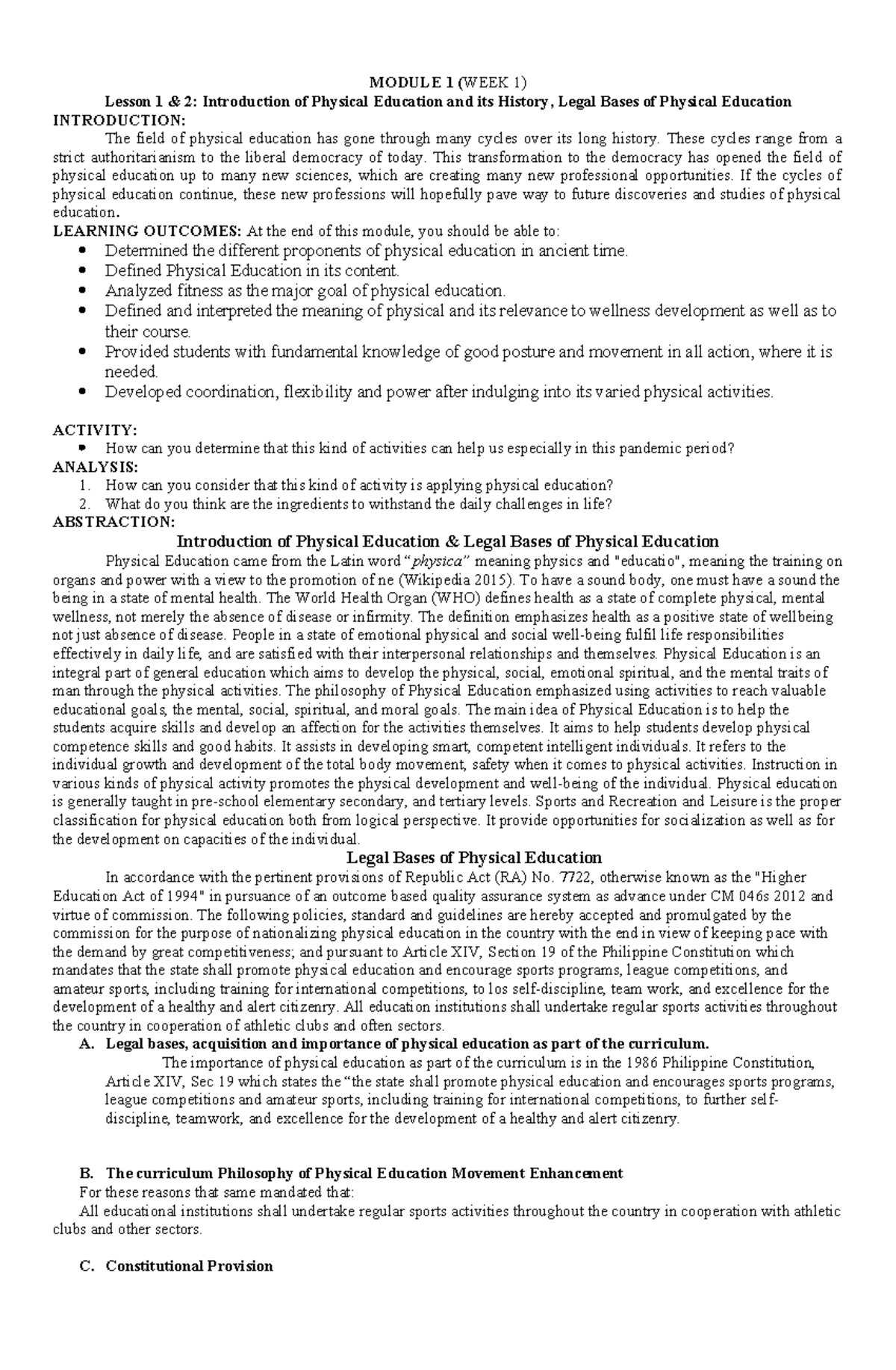 PE1 Module 1: Intro to Physical Education, History & Legal Bases - Studocu