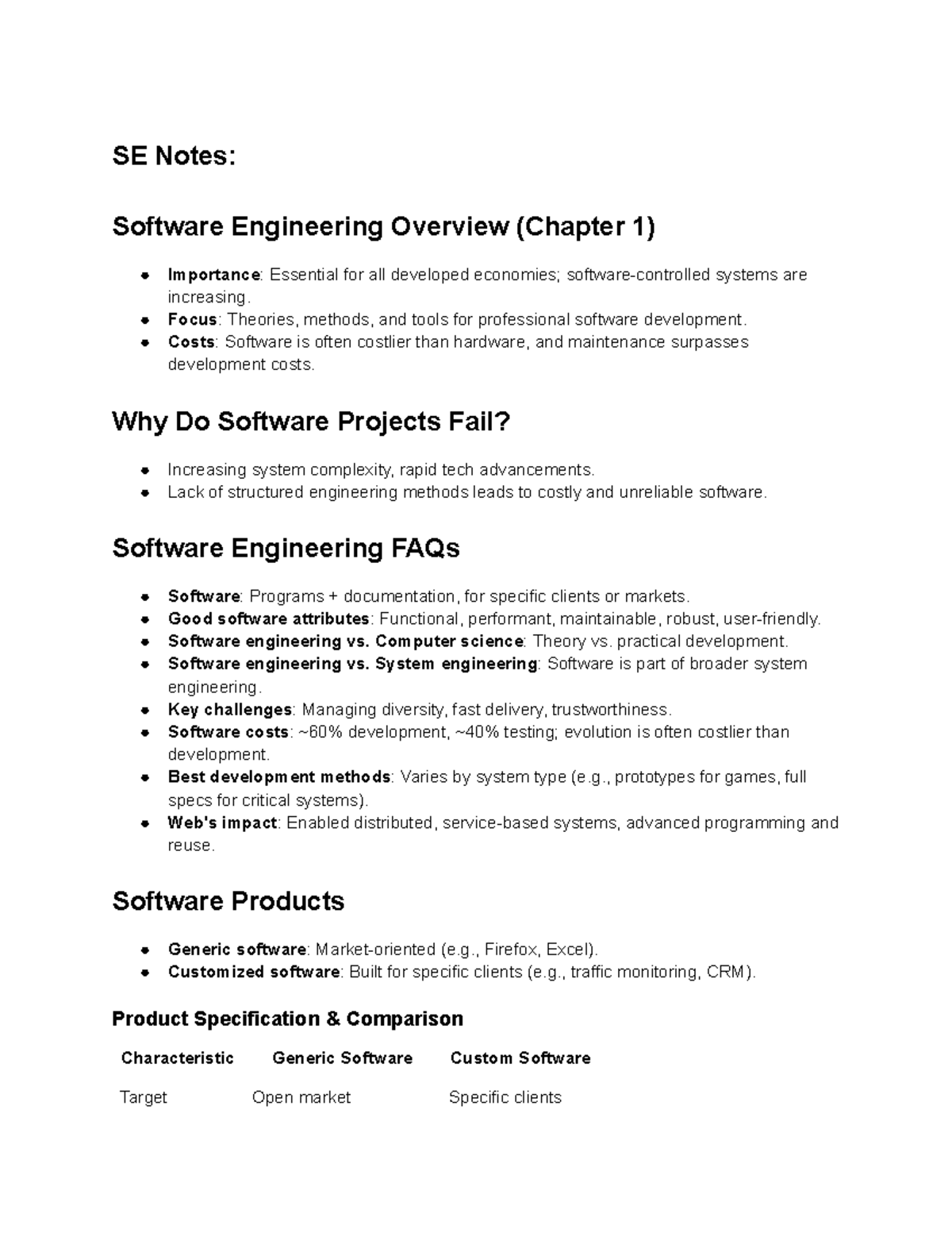 SE Notes 1 - SE Notes: Software Engineering Overview (Chapter 1 ...