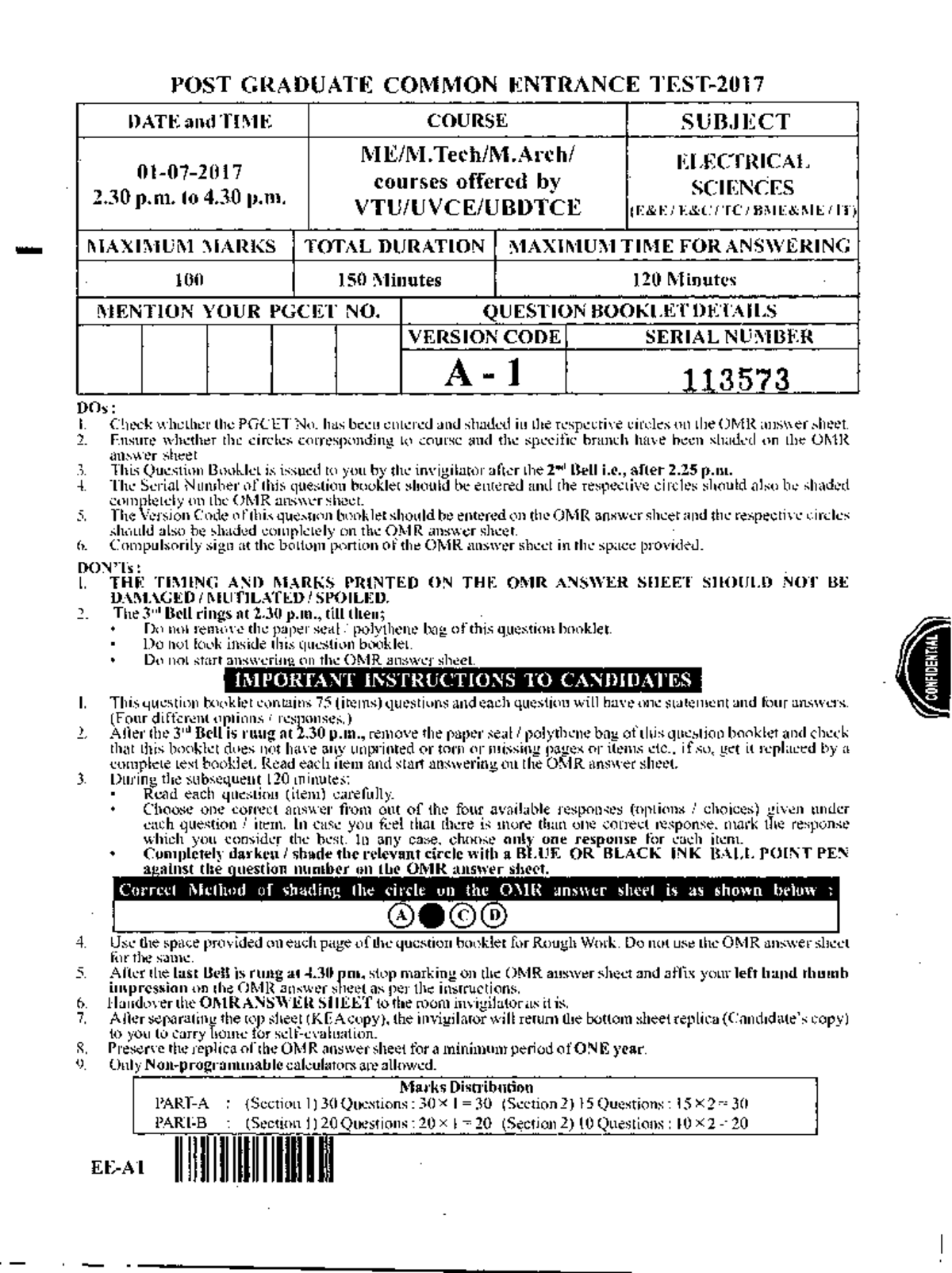 PGCET 2017 Electrical Sciences Exam Instructions and Question Booklet ...