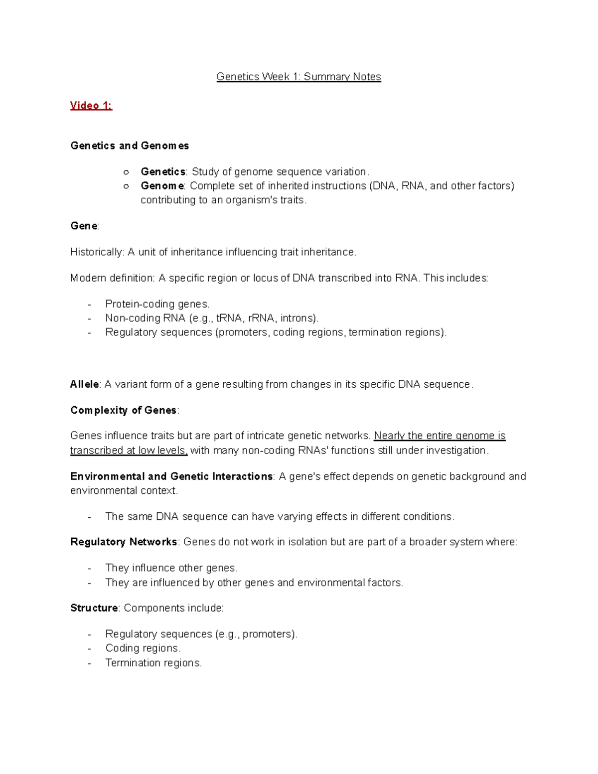 Genetics 101: Week 1 Summary Notes on Genomes and Variation - Studocu