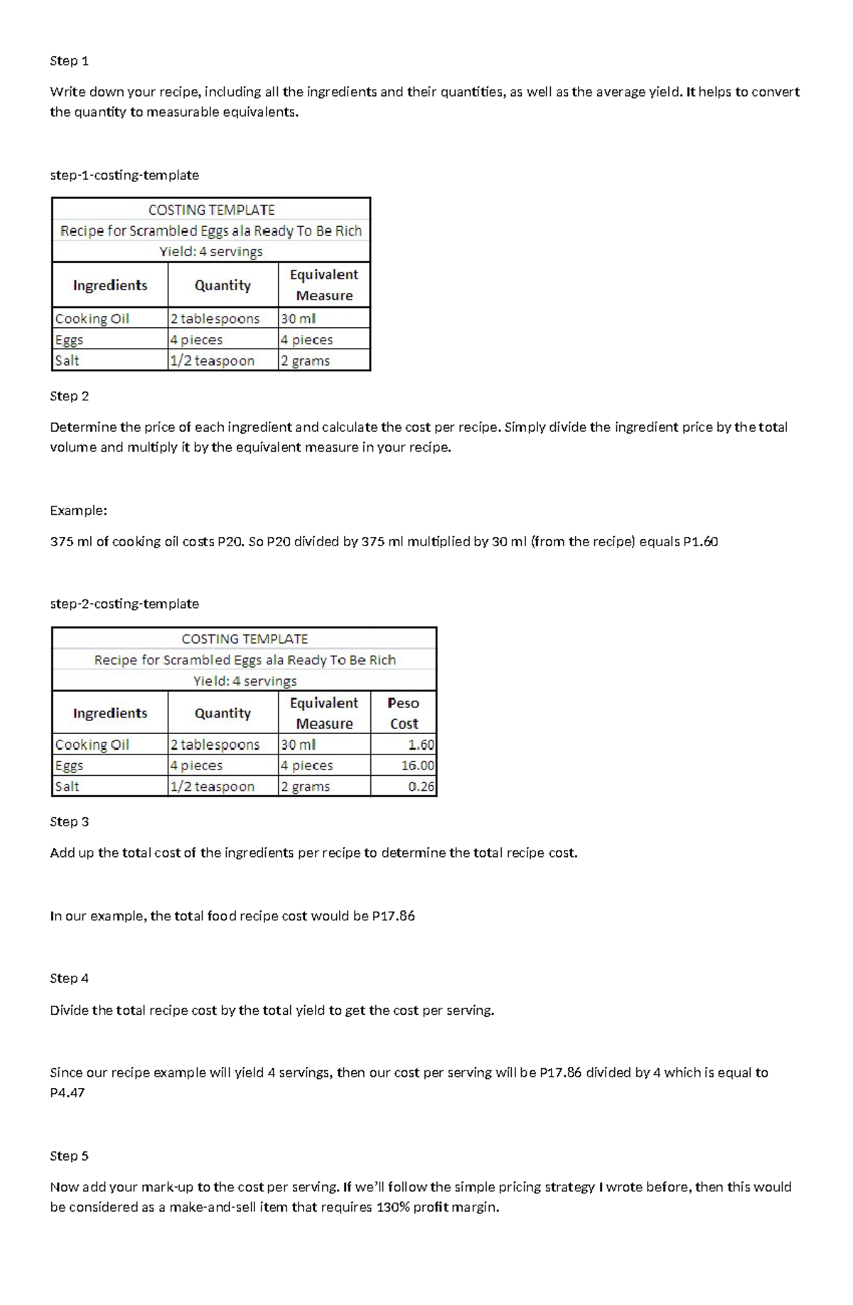 Costing Recipe Calculation Guide: Step-by-Step Instructions - Studocu