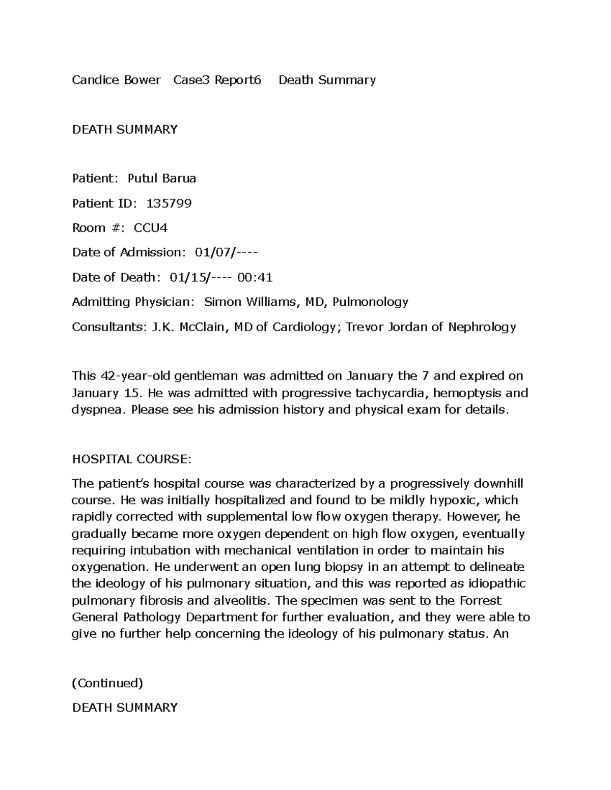 Case Study: Candice Bower Case 3 Report 6 - Death Summary - Studocu
