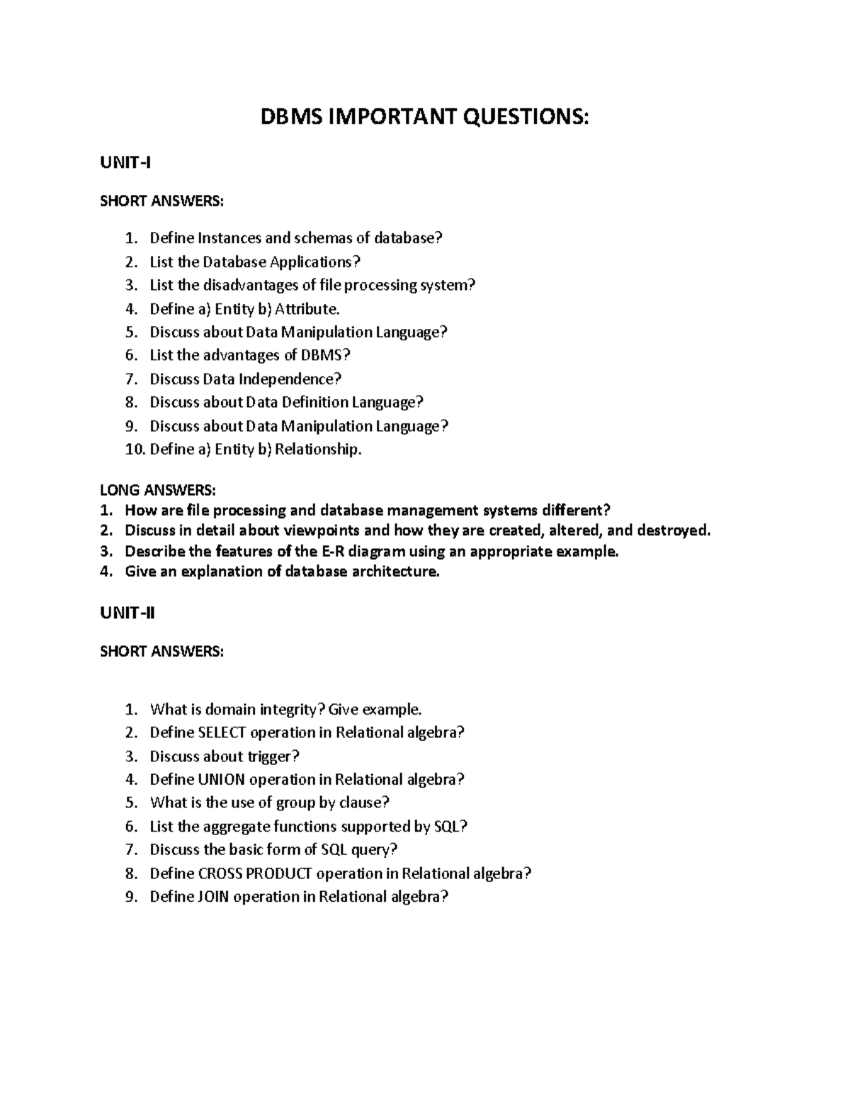 DBMS Important Questions: Comprehensive Study Guide for Exams - Studocu