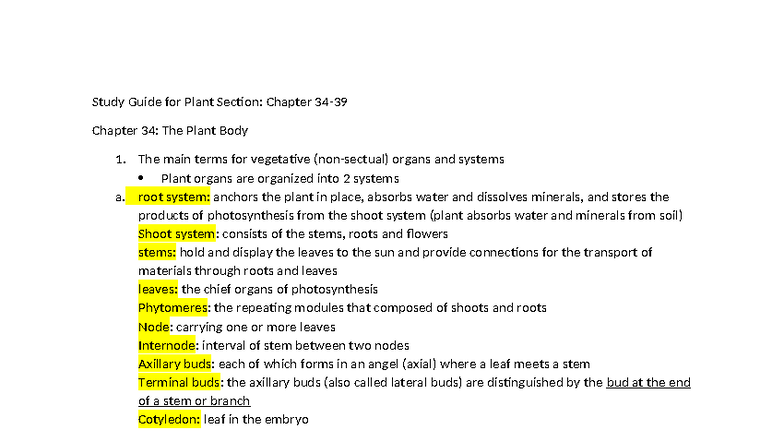 Plant Study Guide: Chapter 34-39 - The Plant Body & Functions - Studocu