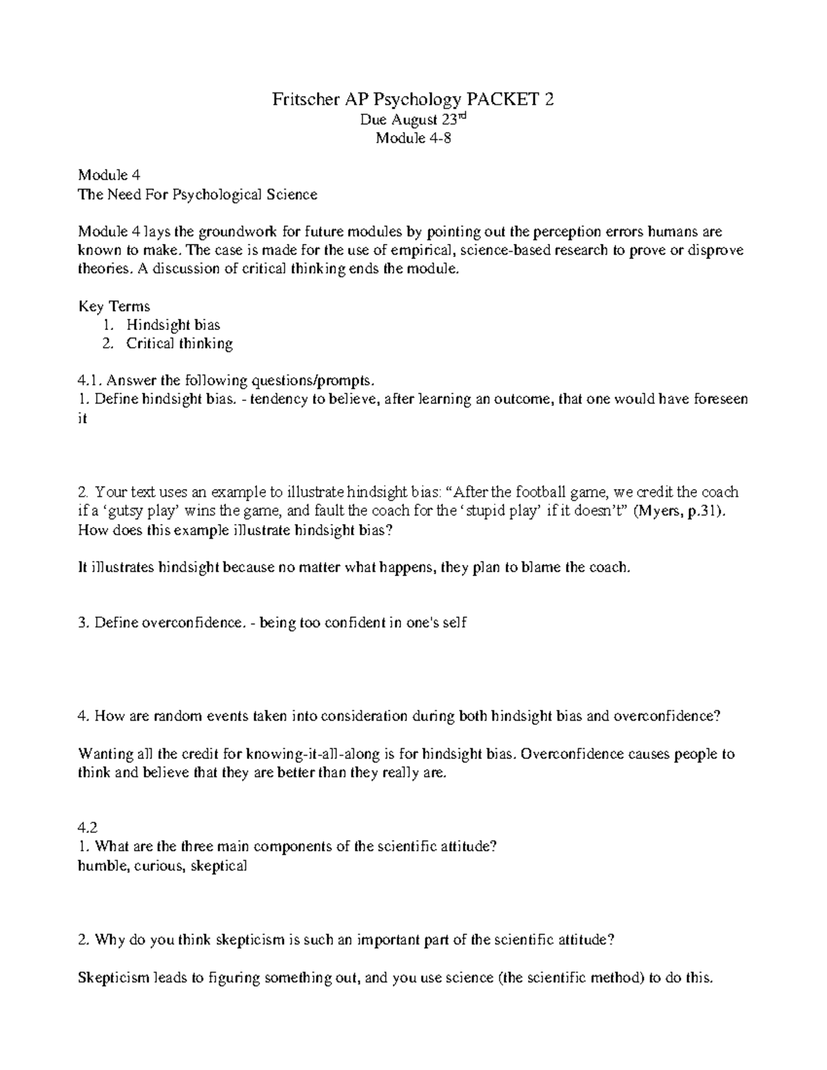 AP Psychology Packet 2: Understanding Psychological Science & Research ...