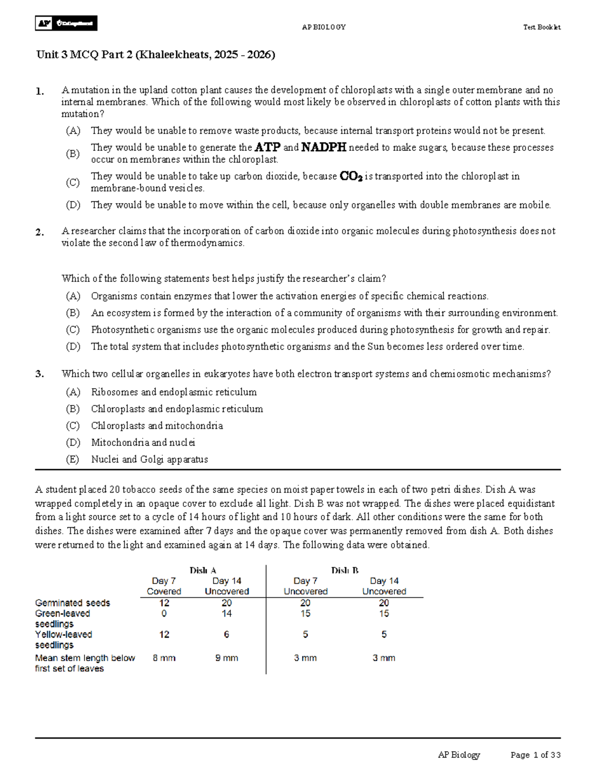 AP BIOLOGY Unit 3 Test Booklet MCQ Part 2 (Khaleelcheats, 2025-2026 ...